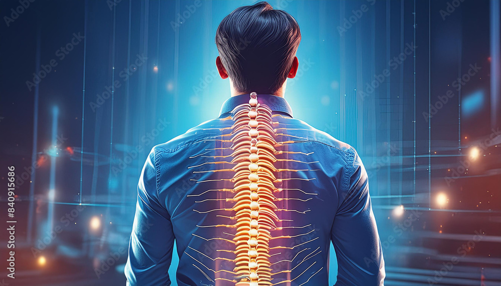 Spinal health representation. Man with back pain with glowing ...