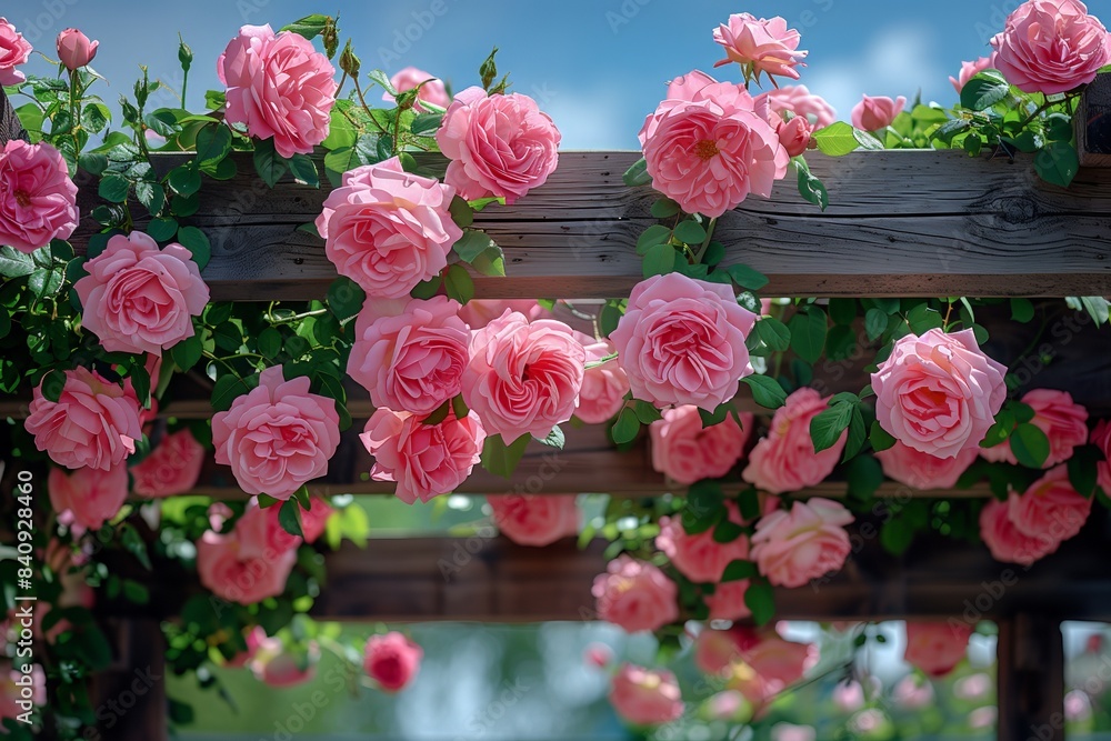 Number of rose covered arbors in full bloom against the clear blue ...