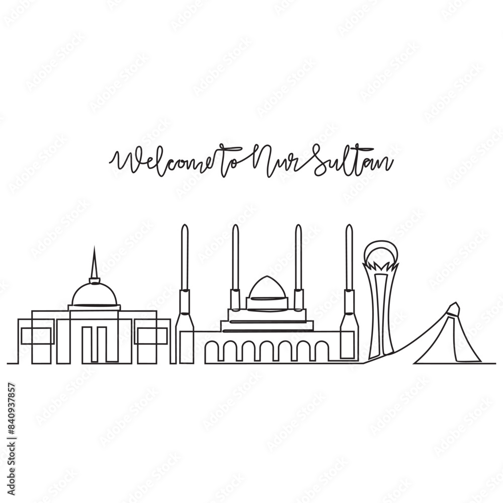 One continuous line drawing of Nur sultan skyline vector illustration ...