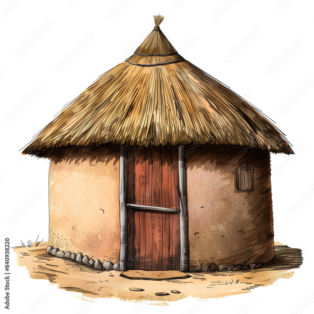 traditional african hut, rondavel with thatched roof and mud clay walls ...