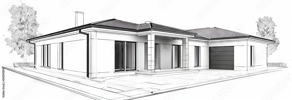Architectural sketch of a modern house with detailed landscaping ...