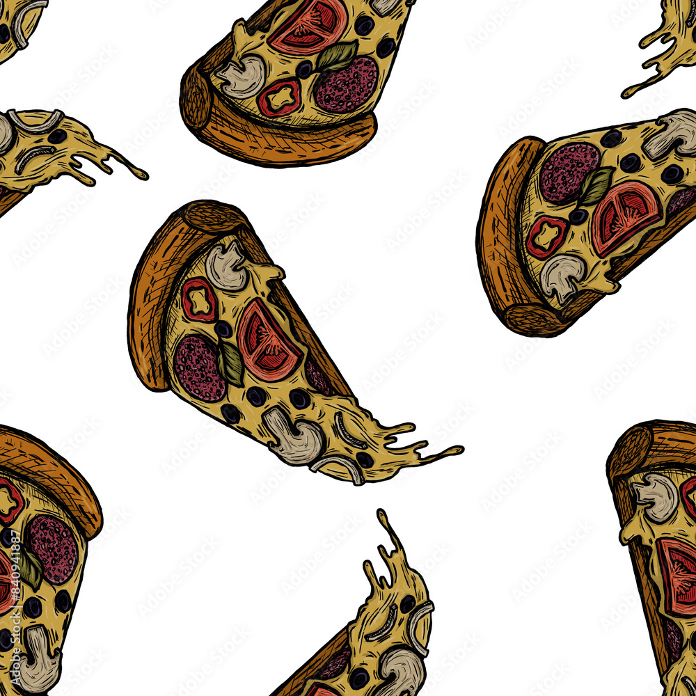 Cartoon pizza slices hand draw illustration seamless texture pattern ...