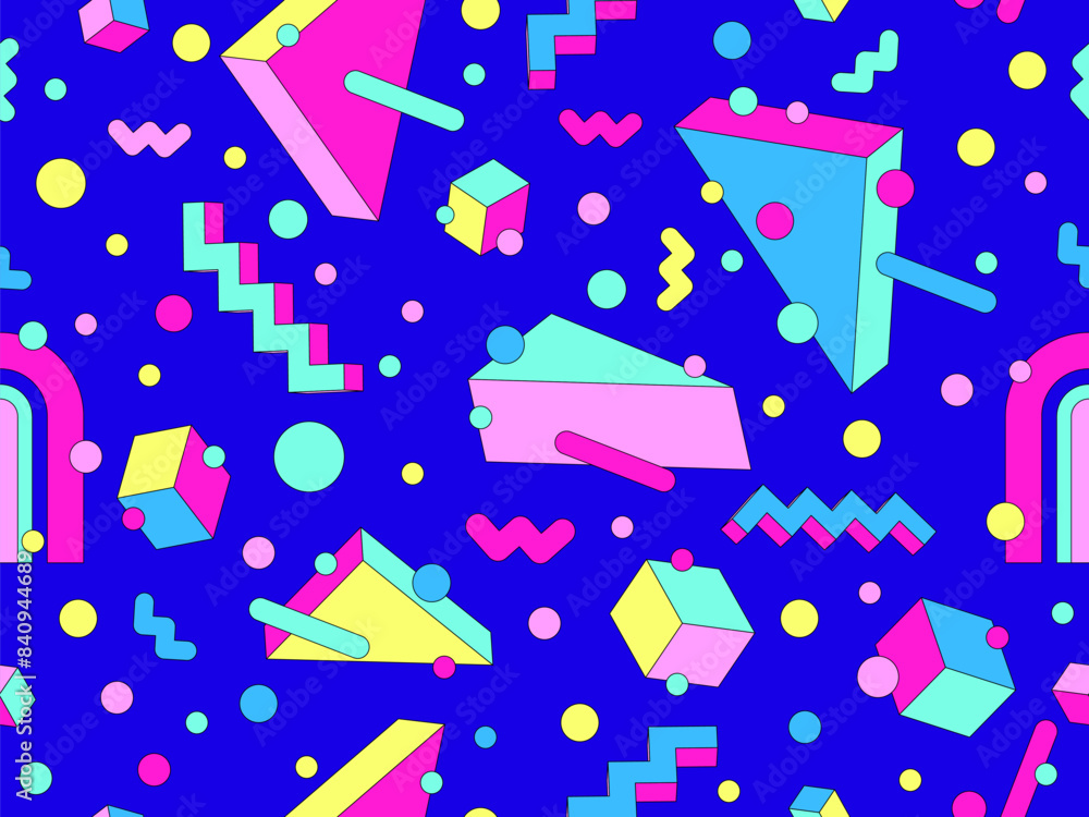 Memphis geometric seamless pattern with 3D shapes in 80s and 90s style ...