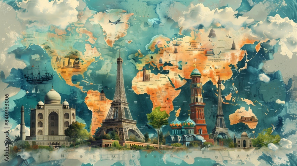 A world map depicts famous landmarks from around the globe Stock ...