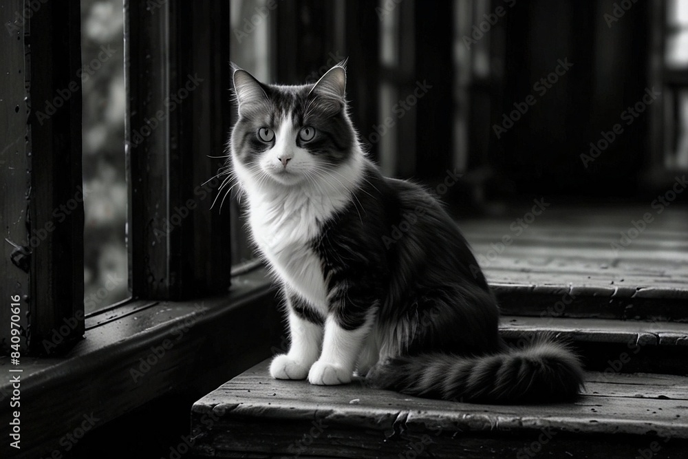 Elegant Sitting Pose Handsome Cat in Black and White Portrait Stock ...