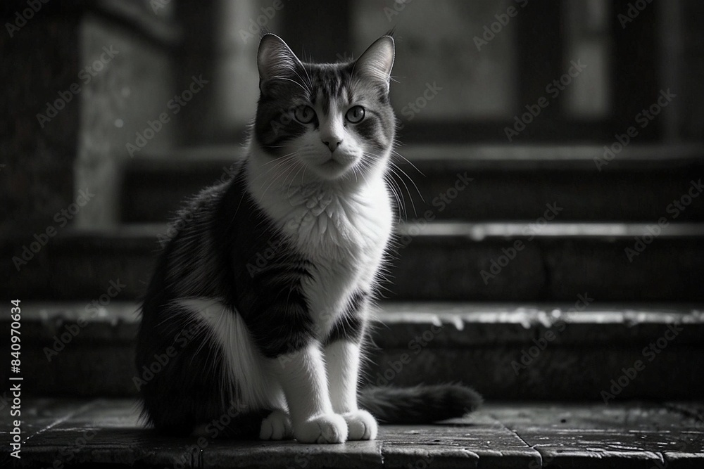 Elegant Sitting Pose Handsome Cat in Black and White Portrait Stock ...