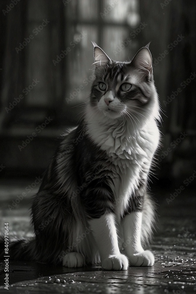 Elegant Sitting Pose Handsome Cat in Black and White Portrait Stock ...