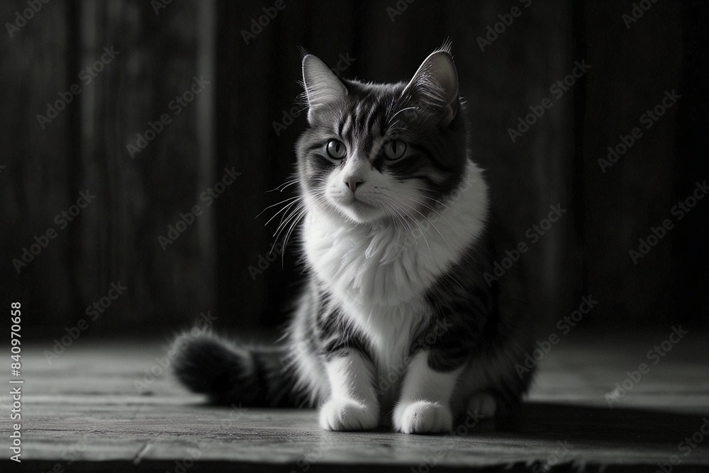 Elegant Sitting Pose Handsome Cat in Black and White Portrait Stock ...