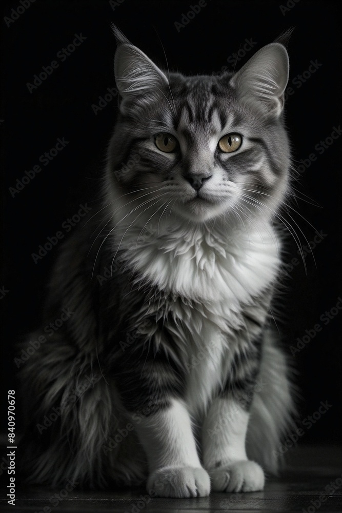 Elegant Sitting Pose Handsome Cat in Black and White Portrait Stock ...