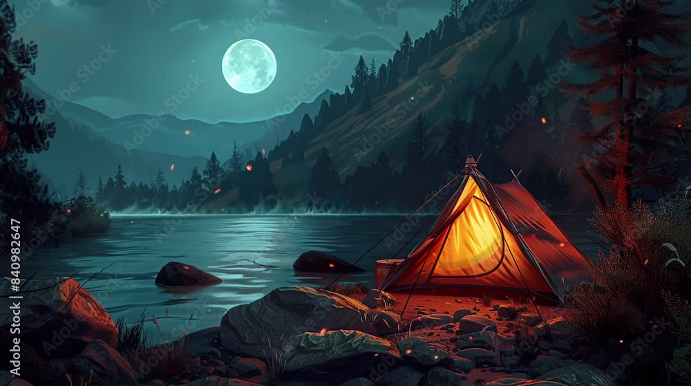 Moonlit camping: Glowing tent pitched by the tranquil lake, illuminated ...