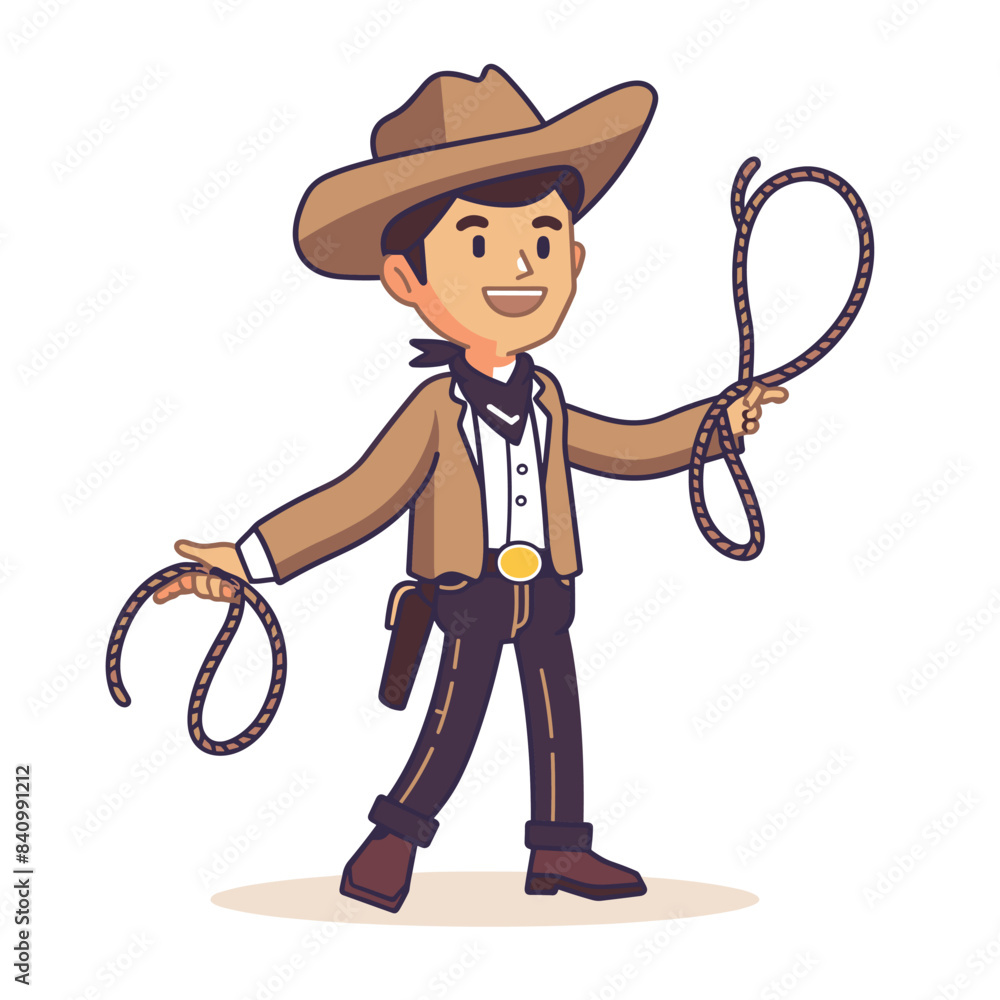 Cartoon cowboy smiling, holding lasso, wearing hat, standing ...
