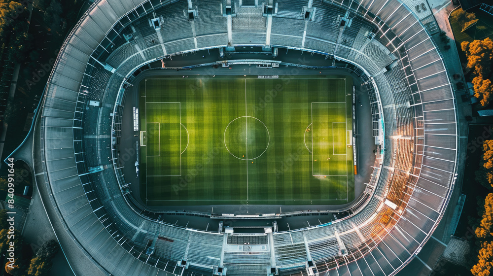 Aerial top view of soccer stadium in city, exterior of modern football ...