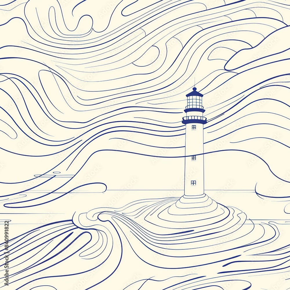 An abstract line drawing of a lighthouse by the sea, with the structure ...