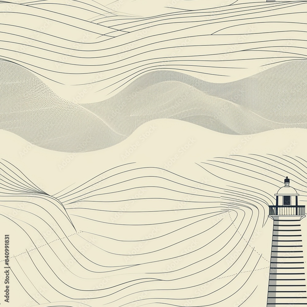 An abstract line drawing of a lighthouse by the sea, with the structure ...