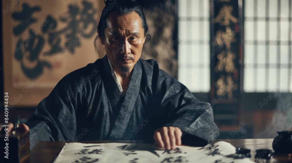 The picture of the calligrapher working inside the building, the ...