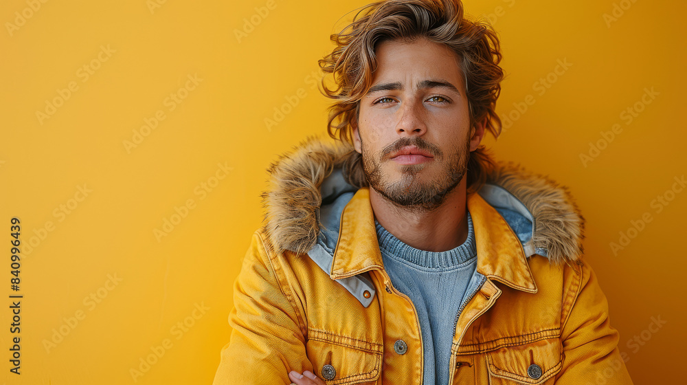 male model posing on yellow background, front view, full body created ...