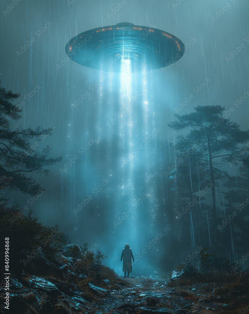 Minimalist design, a giant black UFO blue shines a beam of light ...