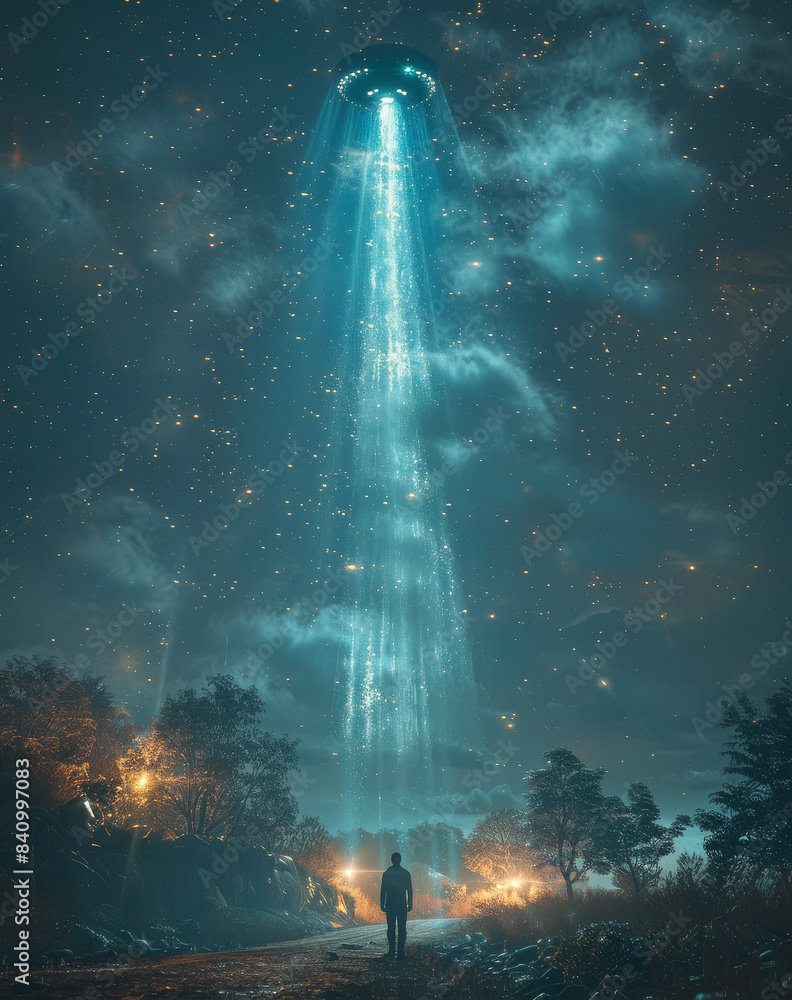 Minimalist Design A Giant Black Ufo Blue Shines A Beam Of Light