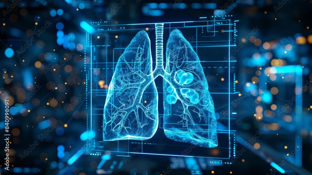 Holographic scan showing lung cancer progression, Sci-fi, Blue and ...