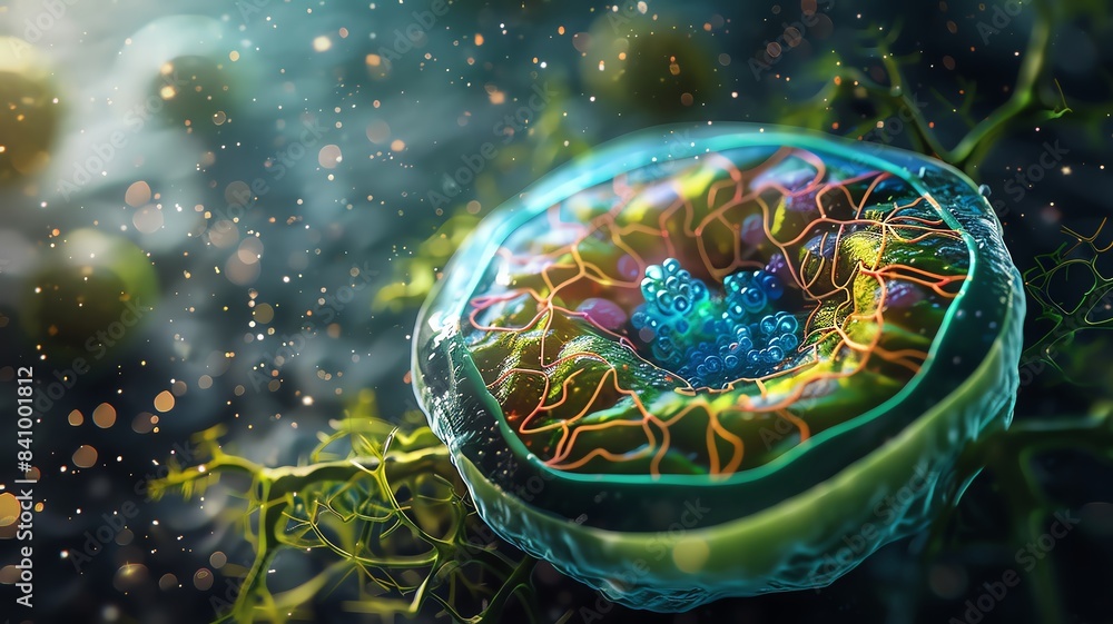 An animated gif of a plant cell with dynamic elements, such as moving ...