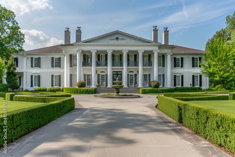 Grand White Mansion with Columns and Circular Driveway Stock Photo ...