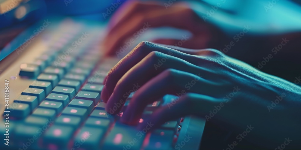 Modern vibes: Hands glide over a sleek white keyboard, typing with ...