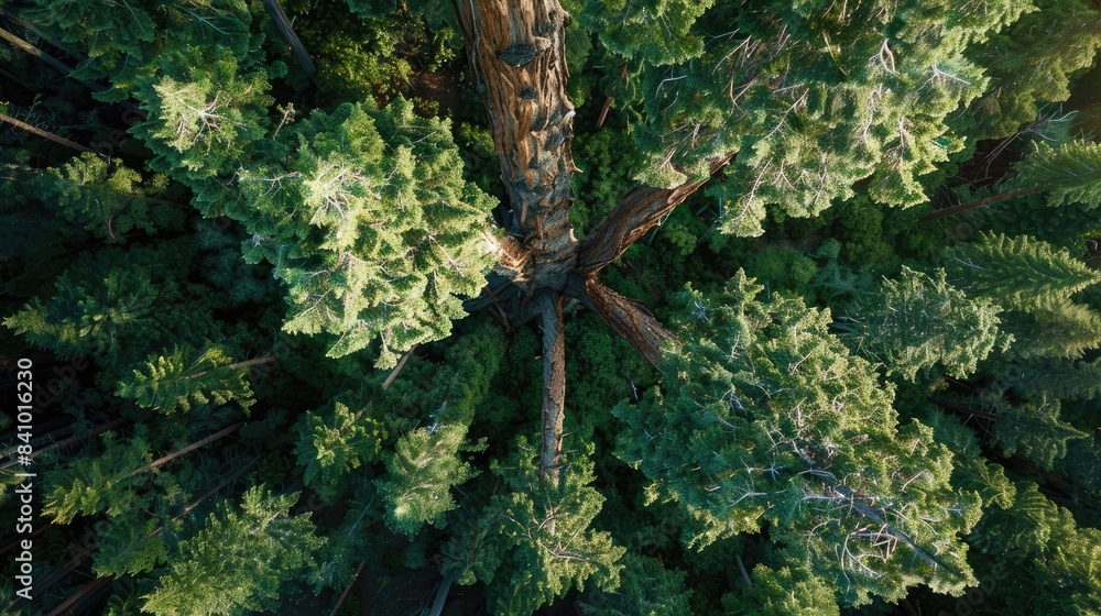 An overhead perspective of a 530 year old cedar tree standing at a ...
