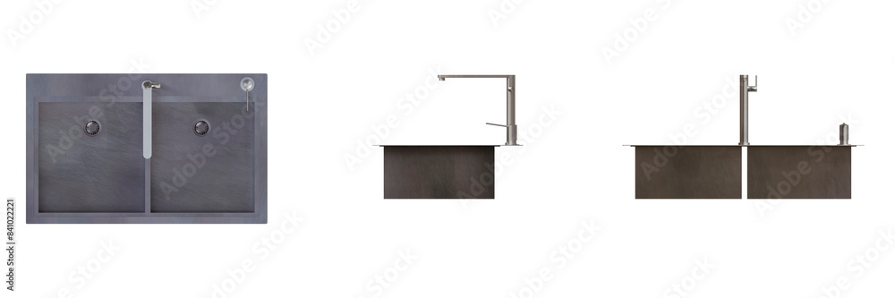 Kitchen Sink with Faucet - Top View, Front View, Side View. Isolated ...