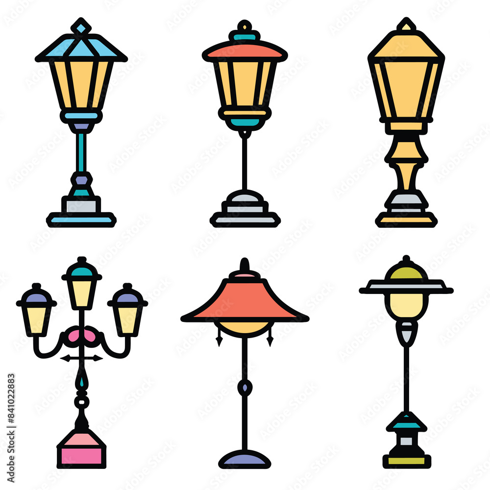 Set six street lamps garden lights, colorful flat vector designs ...
