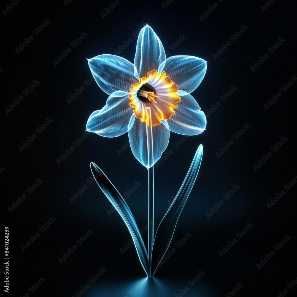 Daffodil silhouette in neon, glowing edges, black background, high ...