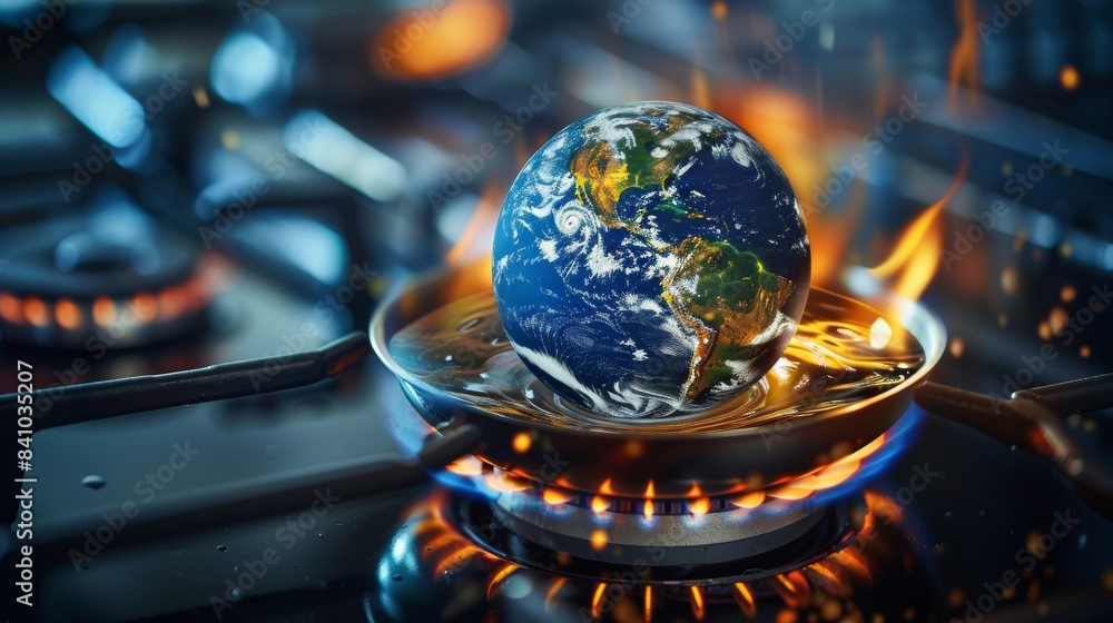 Global warming concept, Earth boiling in hot water on a stove ...
