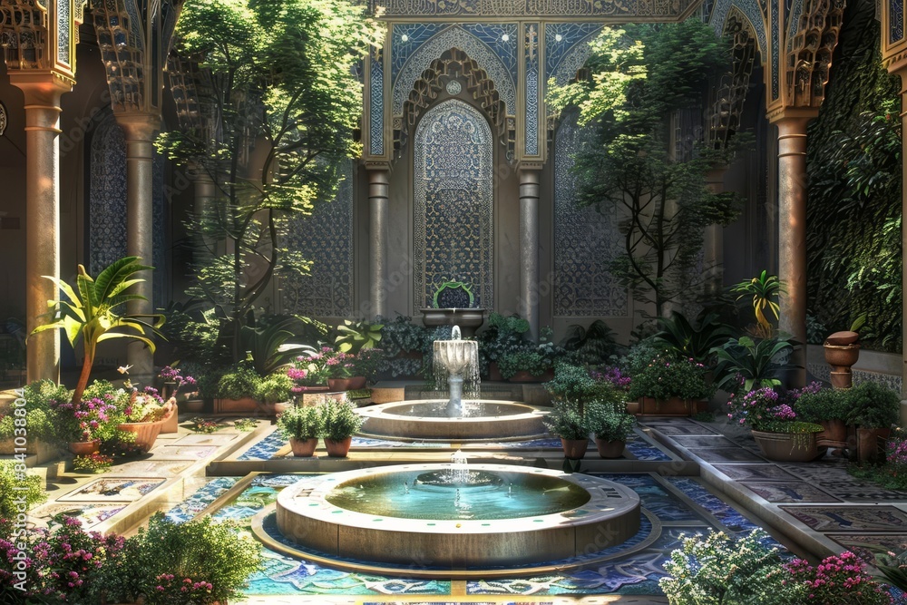 Artistic depiction of an Islamic garden with fountains and intricate ...