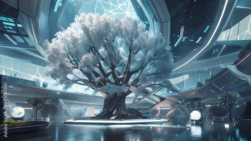 Against a backdrop of futuristic architecture, a mechanical tree emits ...