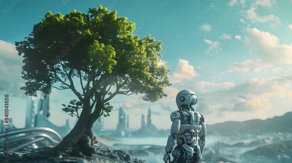 A robot and a tree stand side by side, representing the delicate ...