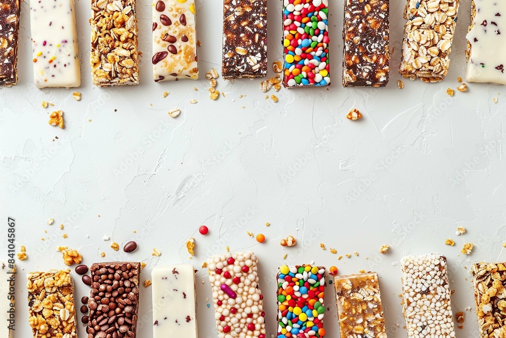 Healthy protein bars on white background, all around frame with text ...