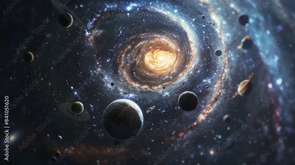 Planets of the solar system against the background of a spiral galaxy ...