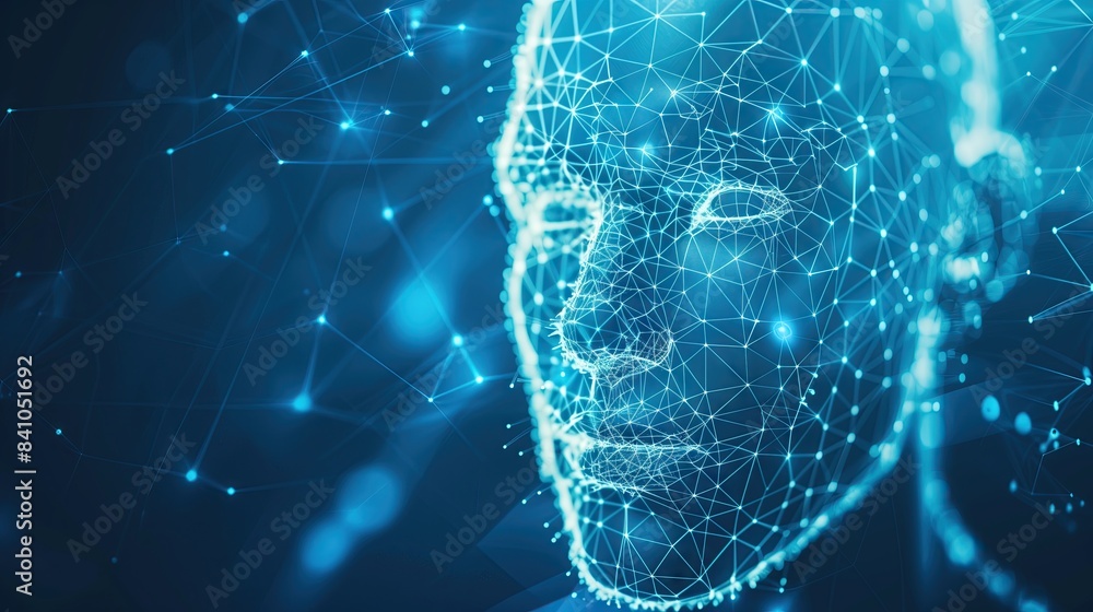 Blue digital face background with glowing particles conveys ...