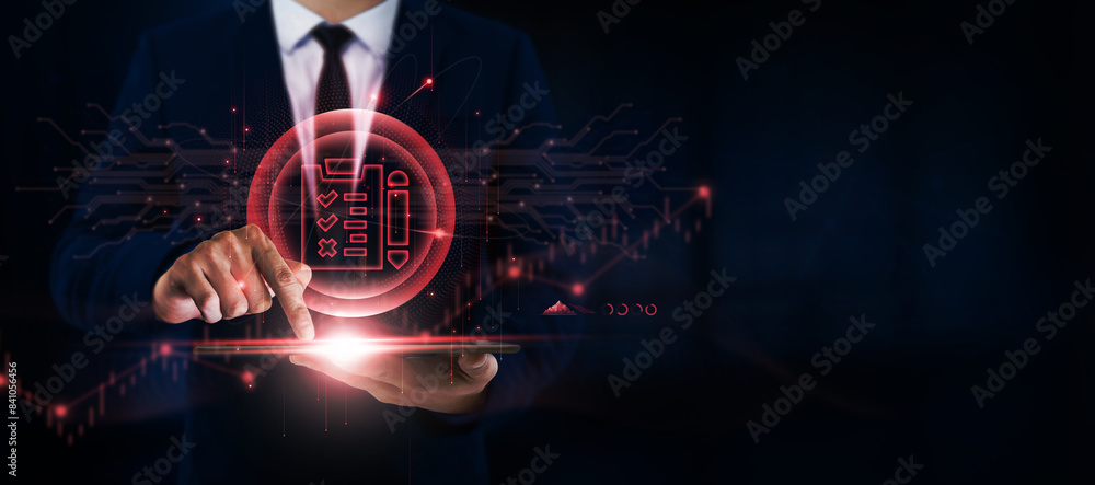 Assessment, Evaluation, Businessman Uses Tablet and Digital Networking ...