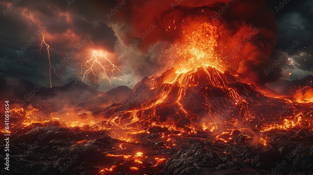Dramatic volcanic eruption with lava flow, fire, and lightning creating ...