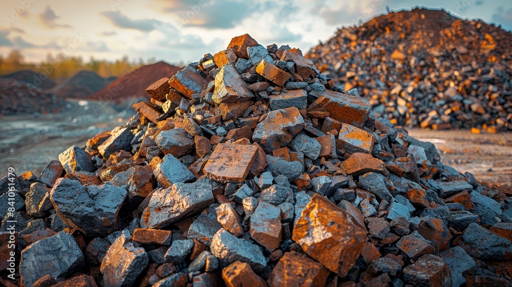 Iron lumps and steel slags in a chaotic pile, showcasing raw textures ...