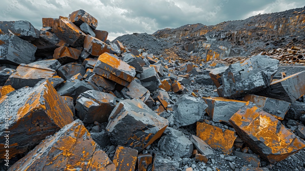 Iron lumps and steel slags in a chaotic pile, showcasing raw textures ...