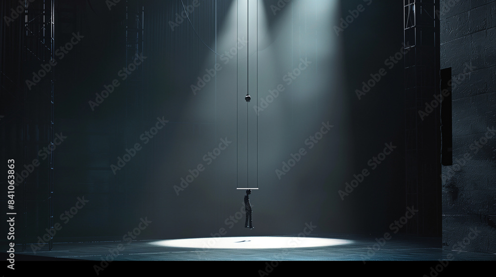 A minimalist puppet stage with a single, eerie puppet hanging limply in ...
