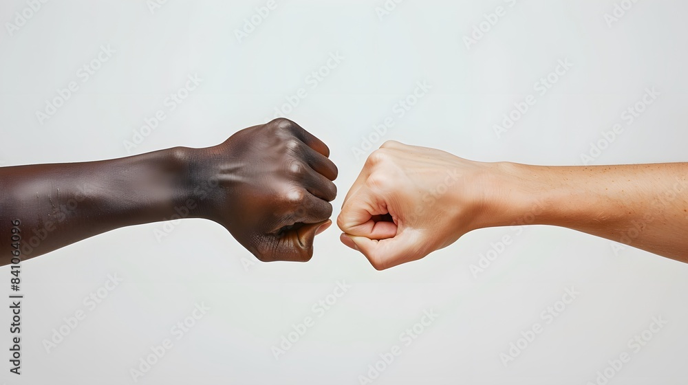 Friendship, team, good work. Multicultural friends giving fist bump to ...