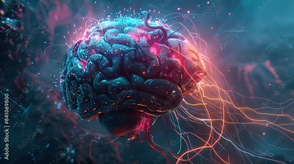 Robotic brain with exposed wires and neon synapses, dark futuristic ...