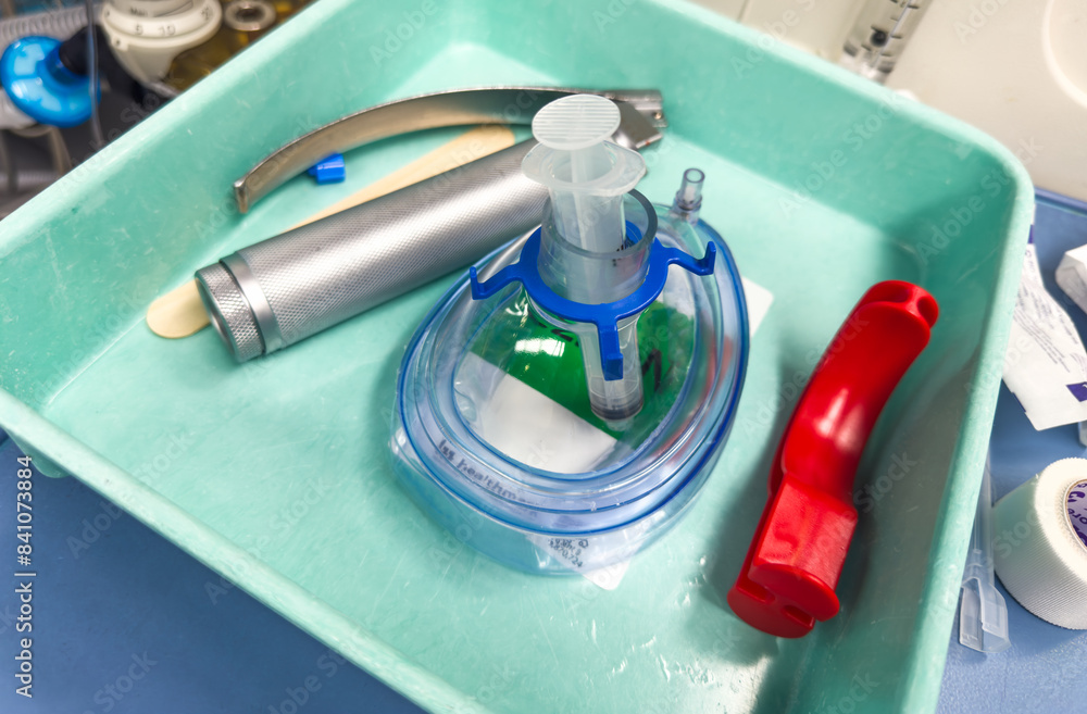 hospital airway equipment including a laryngoscope, airway mask, and ...