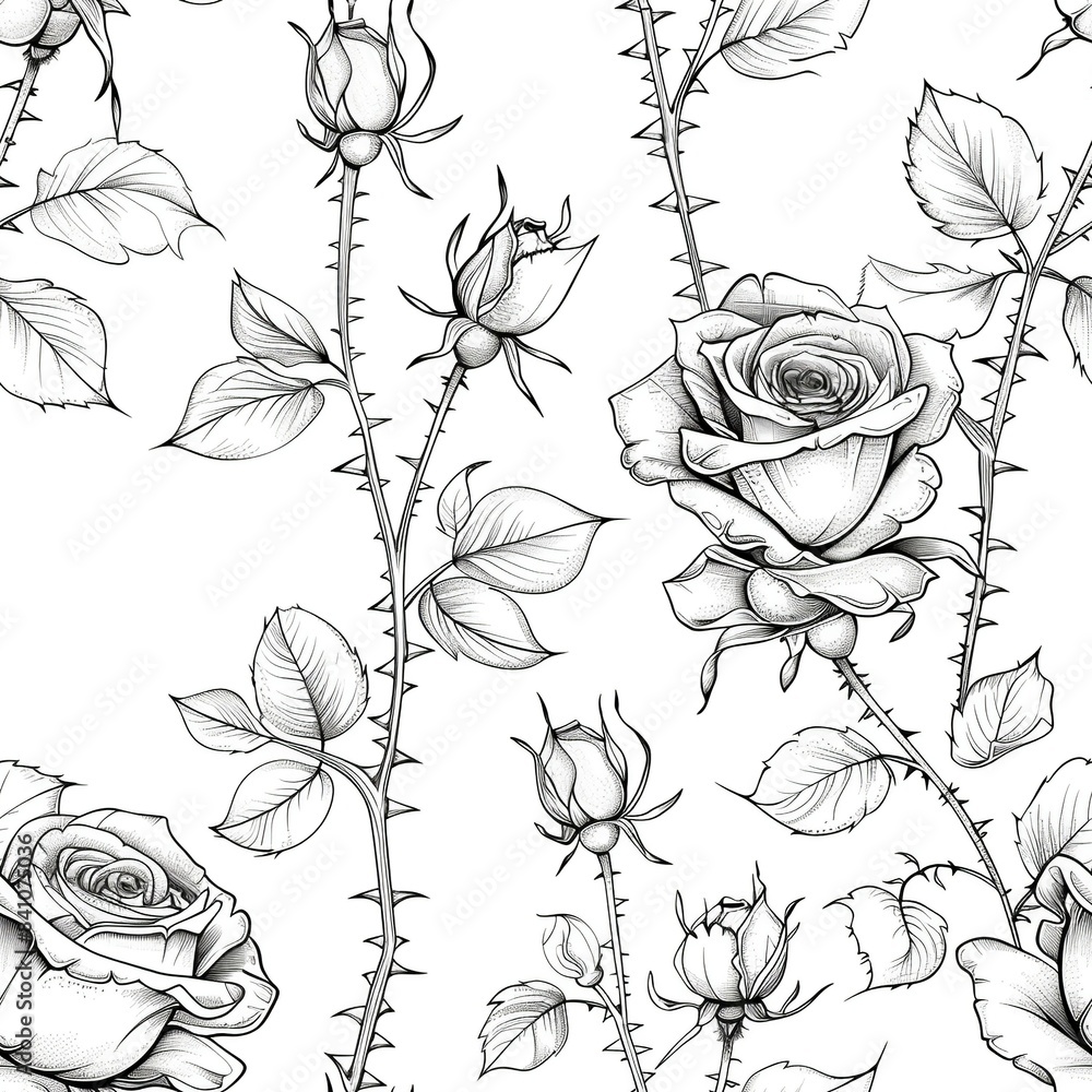 A detailed line drawing of a rose in various stages of bloom, from bud ...