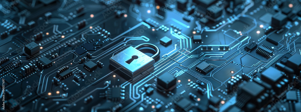 3D illustration of cyber security concept with padlock and digital ...