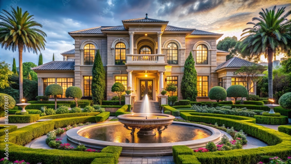 Grandiose mansion with elegant facade, lush greenery, and intricately ...