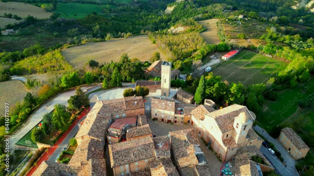 Scenic aerial top-down pullback shot from Monte Vidon Corrado (FM), a ...