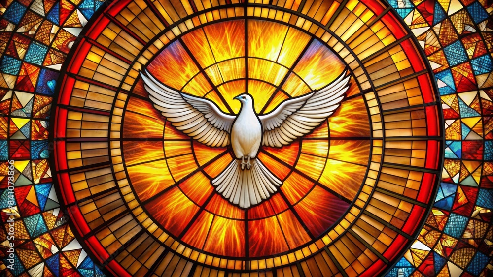 vibrant artistic stained glass piece features a white dove representing ...